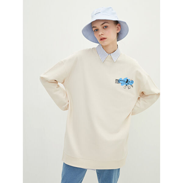 Bisiklet Yaka Mickey Mouse Baskılı Uzun Kollu Oversize Pamuklu Kadın Sweatshirt Tunik Bisiklet Yaka Mickey Mouse Baskılı Uzun Kollu Oversize Pamuklu Kadın Sweatshirt Tunik