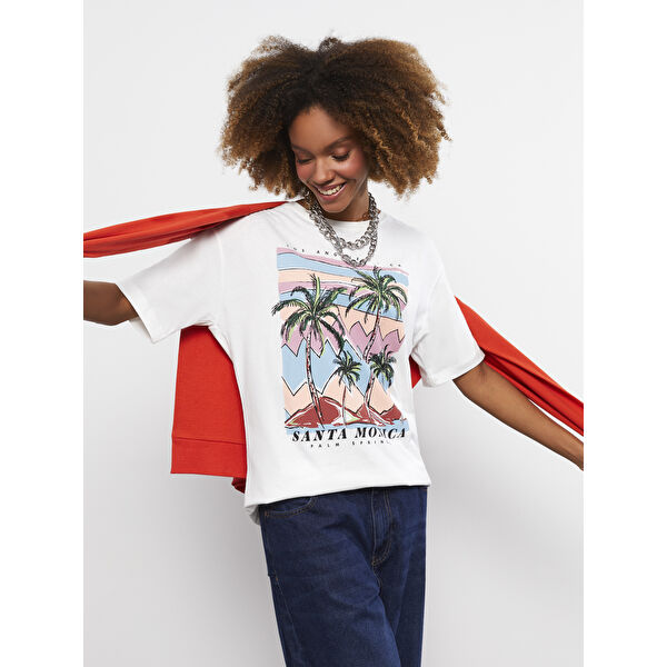 Bisiklet Yaka Yazı Baskılı Kısa Kollu Pamuklu Kadın Tişört Bisiklet Yaka Yazı Baskılı Kısa Kollu Pamuklu Kadın Tişört