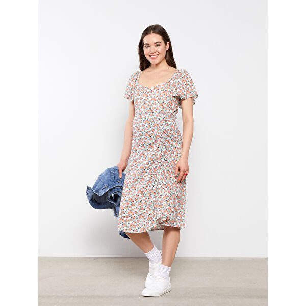 Kalp Yaka Desenli Kısa Kollu Viskon Hamile Elbise