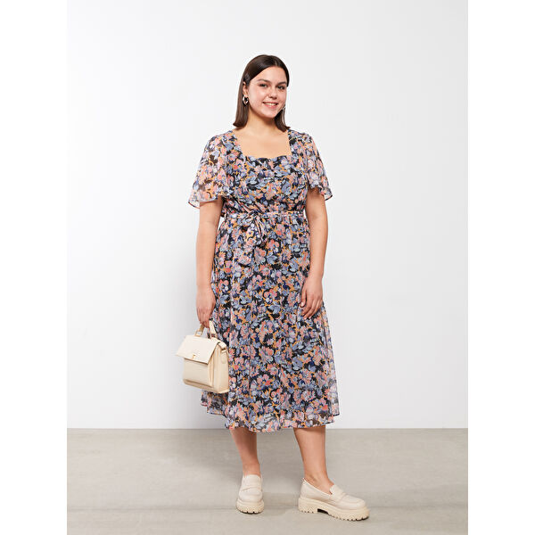 LCW CLASSIC Kare Yaka Çiçekli Kısa Kollu Kadın Elbise