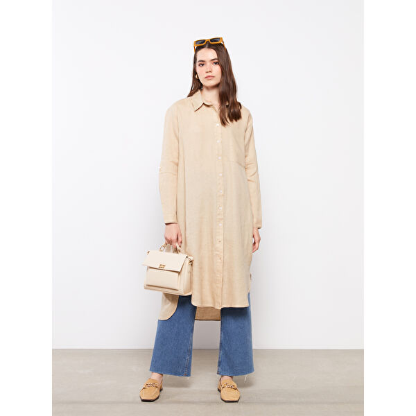 LCW CLASSIC Gömlek Yaka Düz Uzun Kollu Keten Kadın Tunik