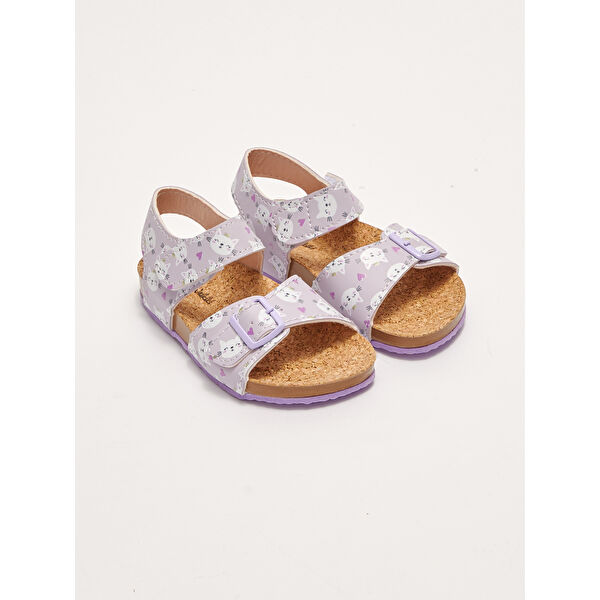 Baskılı Çift Bantlı Cırt Cırtlı Kız Bebek Sandalet