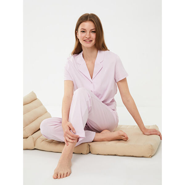 Gömlek Yaka Düz Kısa Kollu Kadın Pijama Takımı