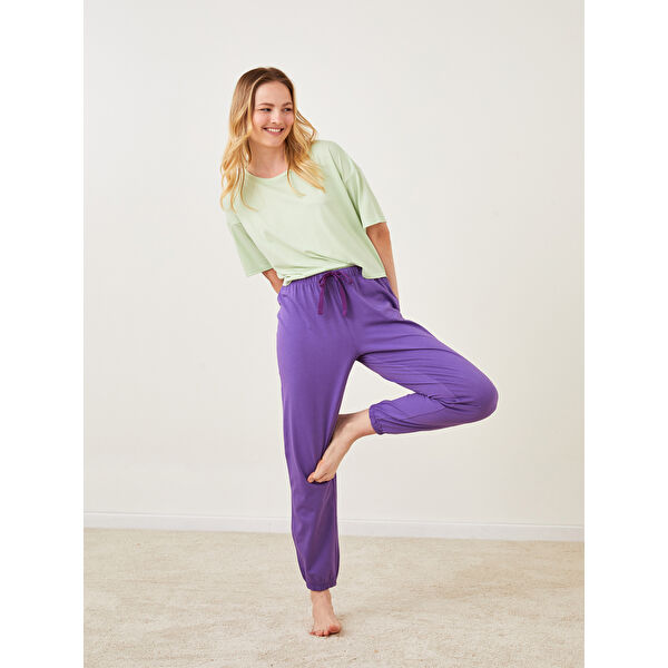 Beli Lastikli Düz Pamuklu Kadın Jogger Pijama Alt Beli Lastikli Düz Pamuklu Kadın Jogger Pijama Alt