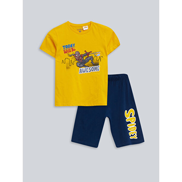 Bisiklet Yaka Spiderman Baskılı Kısa Kollu Erkek Çocuk Şortlu Pijama Takımı