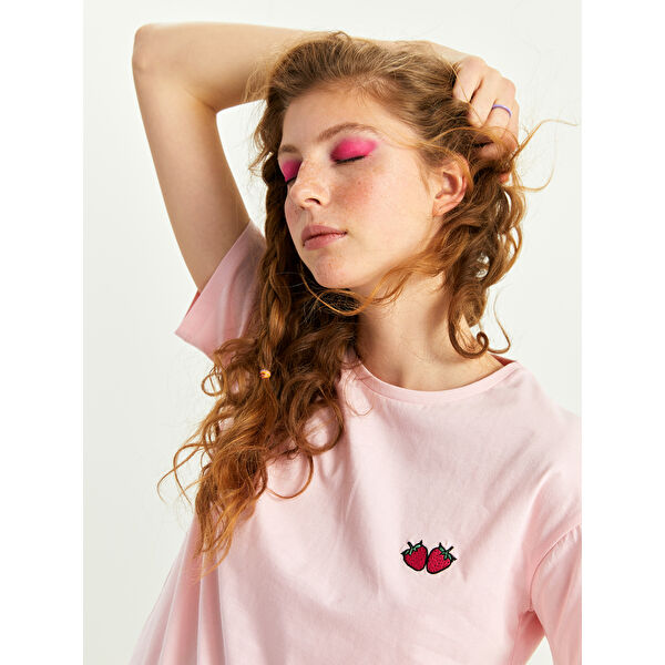 XSIDE Bisiklet Yaka Nakışlı Kısa Kollu Pamuklu Kadın Tişört