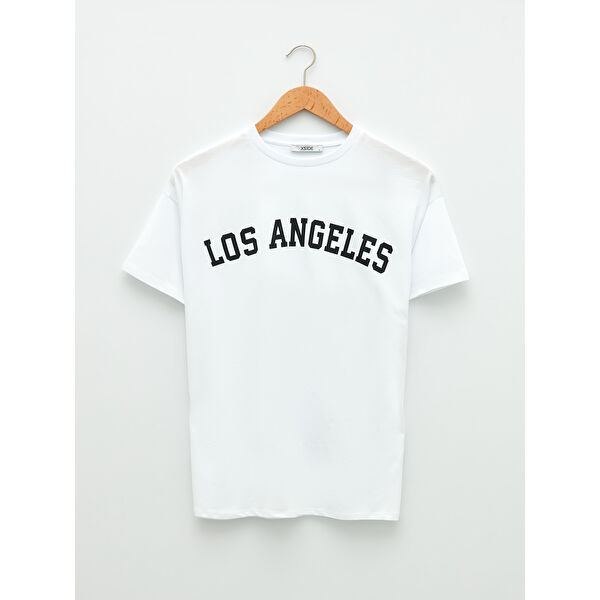 XSIDE Bisiklet Yaka Yazı Baskılı Kısa Kollu Oversize Pamuklu Kadın Tişört