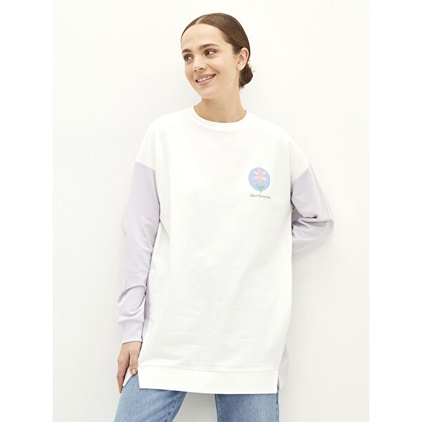 MODEST Bisiklet Yaka Renk Bloklu Uzun Kollu Oversize Pamuklu Kadın Sweatshirt Tunik