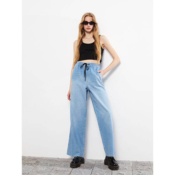 Yüksek Bel Rahat Kalıp Düz Geniş Paça Kadın Rodeo Jean Pantolon