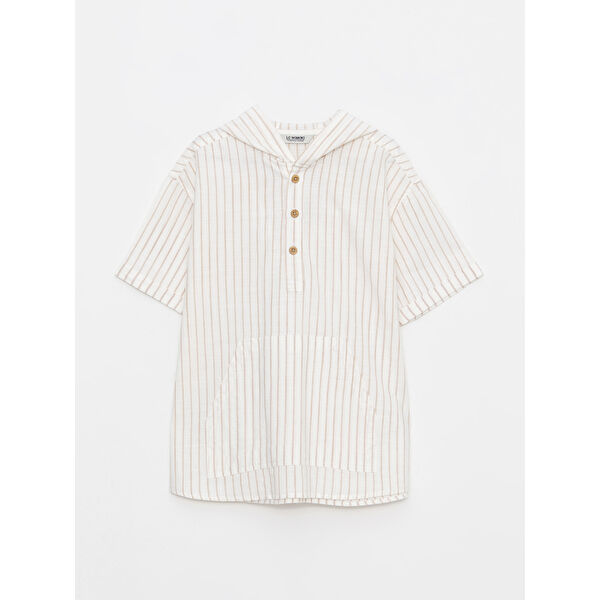 Kapüşonlu Çizgili Kısa Kollu Erkek Çocuk Gömlek