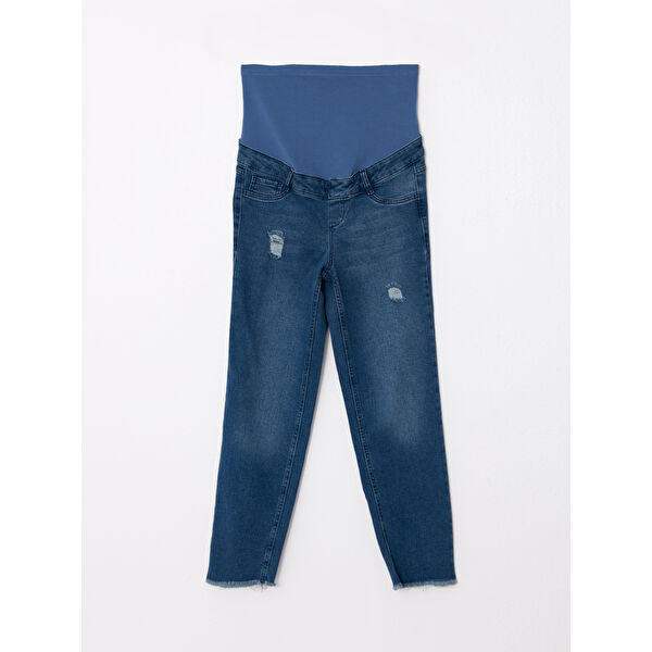 Karın Panelli Düz Yırtık Detaylı Hamile Rodeo Jean Pantolon