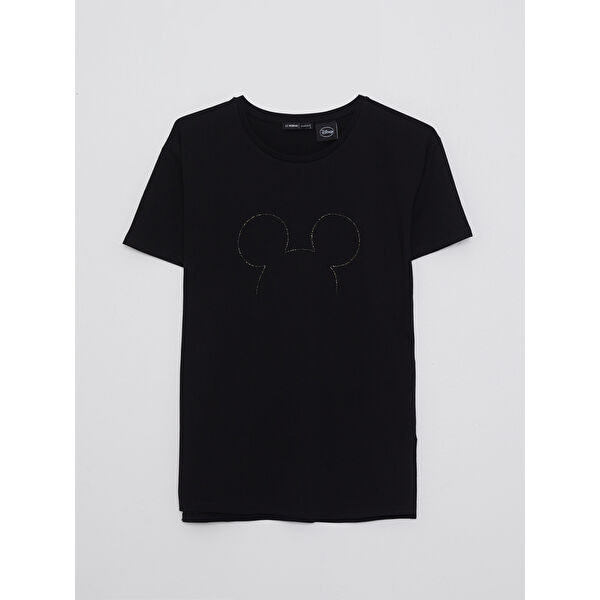 LCW CLASSIC Bisiklet Yaka Mickey Mouse Payetli Kısa Kollu Pamuklu Kadın Tişört