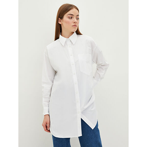 MODEST Gömlek Yaka Düz Uzun Kollu Oversize Poplin Kadın Tunik