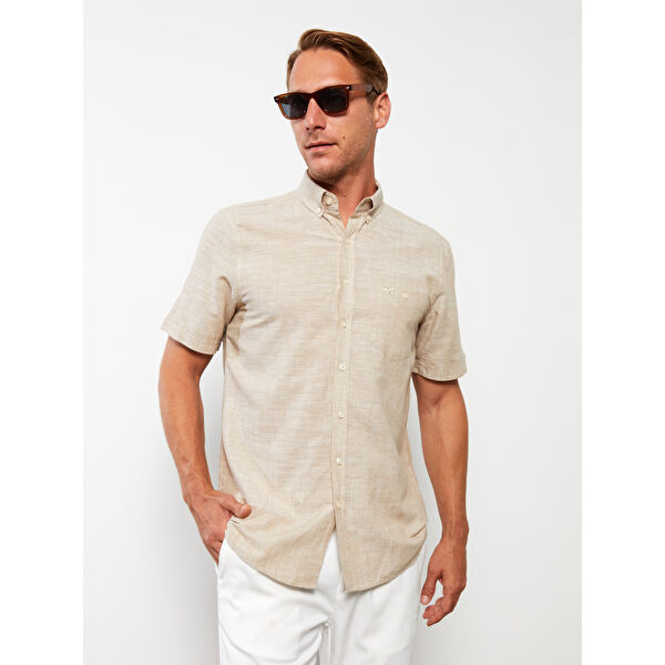 Regular Fit Kısa Kollu Keten Erkek Gömlek