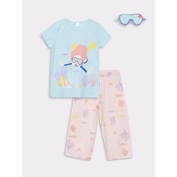 Bisiklet Yaka Baskılı Kısa Kollu Kız Çocuk Pijama Takımı ve Uyku Maskesi Bisiklet Yaka Baskılı Kısa Kollu Kız Çocuk Pijama Takımı ve Uyku Maskesi
