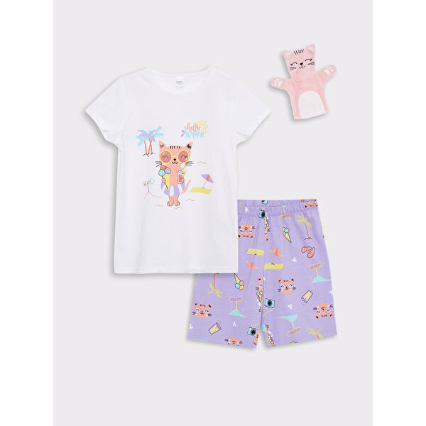 Bisiklet Yaka Baskılı Kısa Kollu Kız Çocuk Şortlu Pijama Takımı ve Kukla