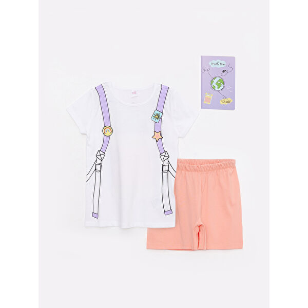 Bisiklet Yaka Baskılı Kısa Kollu Kız Çocuk Şortlu Pijama Takımı ve Defter Bisiklet Yaka Baskılı Kısa Kollu Kız Çocuk Şortlu Pijama Takımı ve Defter