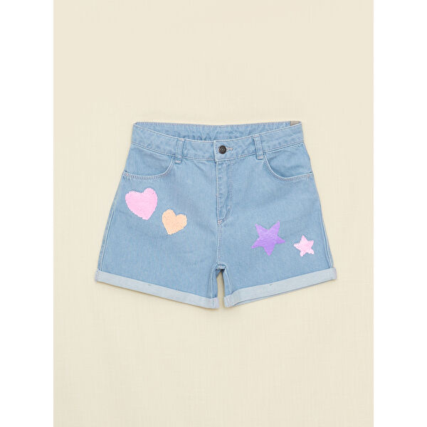 Pul İşlemeli Kız Çocuk Jean Şort