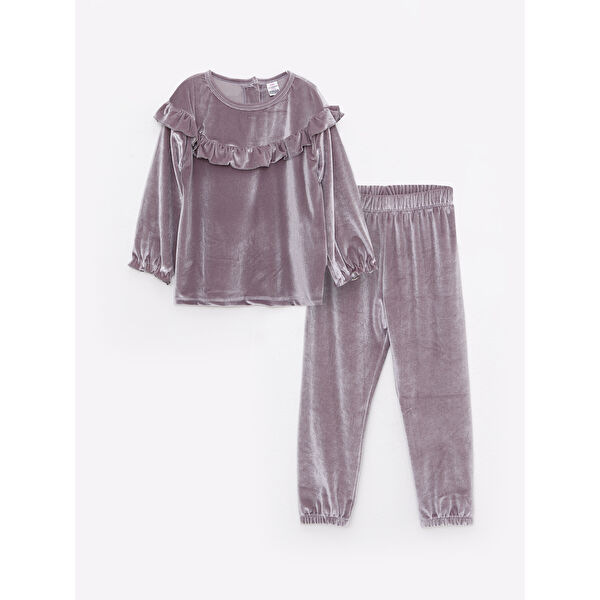 Bisiklet Yaka Uzun Kollu Kadife Kız Bebek Sweatshirt ve Pantolon 2'li Takım