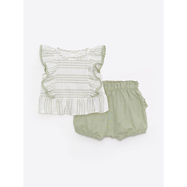 KANZ Bisiklet Yaka Kısa Kollu Çizgili Kız Bebek Bluz ve Şort 2'li Takım