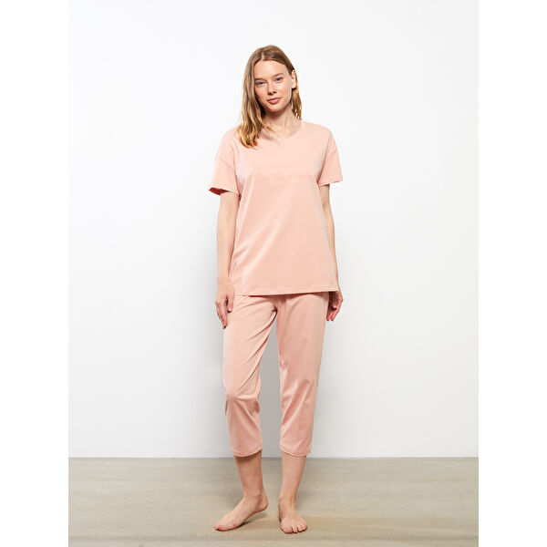 Bisiklet Yaka Baskılı Kısa Kollu Pamuklu Kadın Pijama Takımı