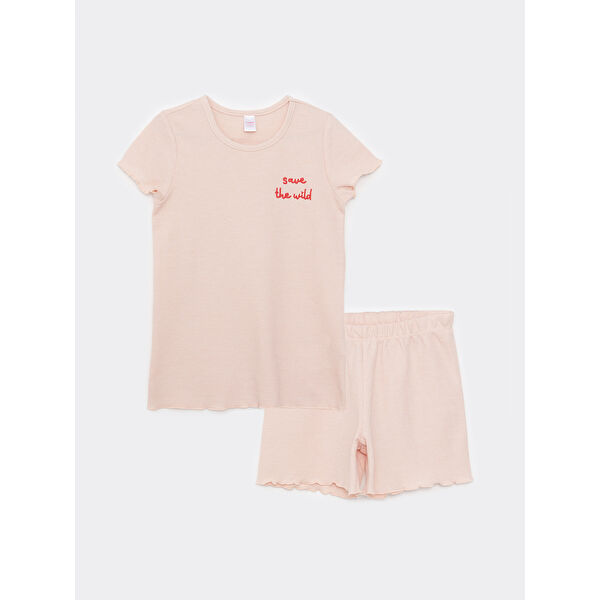 Bisiklet Yaka Nakış Detaylı Kısa Kollu Kız Çocuk Şortlu Pijama Takımı