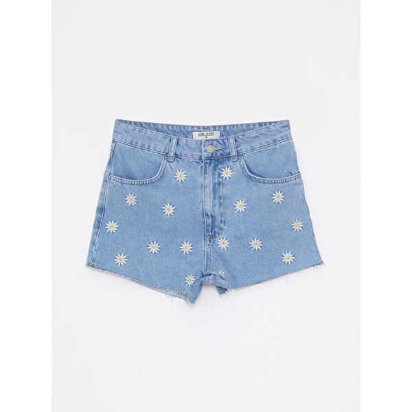 Yüksek Bel Standart Fit Nakışlı Kadın Rodeo Jean Şort