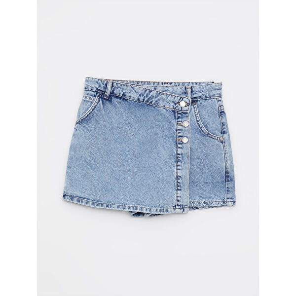 Standart Fit Düz Cep Detaylı Kadın Jean Şort Etek