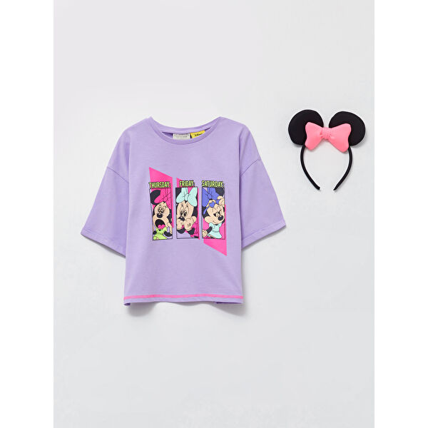 Bisiklet Yaka Minnie Mouse Baskılı Kısa Kollu Pamuklu Kız Çocuk Tişört ve Taç