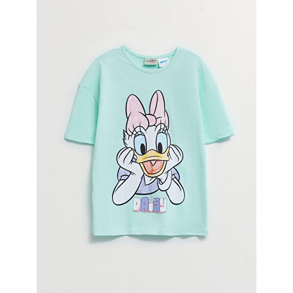 Bisiklet Yaka Daisy Duck Baskılı Kısa Kollu Pamuklu Kız Çocuk Tişört