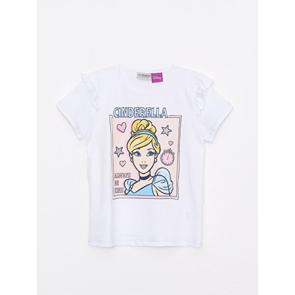 Bisiklet Yaka Sindirella Baskılı Kısa Kollu Pamuklu Kız Çocuk Tişört