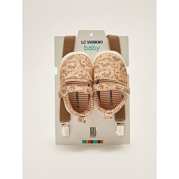 Pamuk Astarlı Baskılı Erkek Bebek Yürüme Öncesi Ev Ayakkabısı Ve Pantolon Askısı 2'li