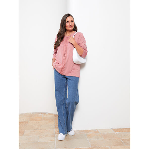 LCW GRACE Bisiklet Yaka Nakışlı Uzun Kollu Pamuklu Kadın Tişört