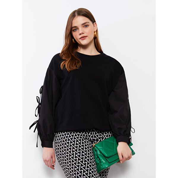 Büyük Beden Bisiklet Yaka Düz Uzun Kollu Kadın Sweatshirt