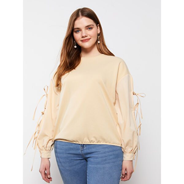 Büyük Beden Bisiklet Yaka Düz Uzun Kollu Kadın Sweatshirt