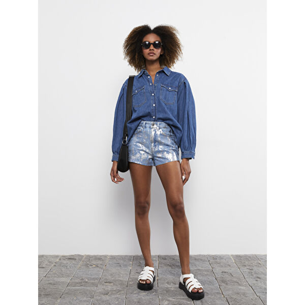 Yüksek Bel Standart Fit Desenli Cep Detaylı Kadın Jean Şort