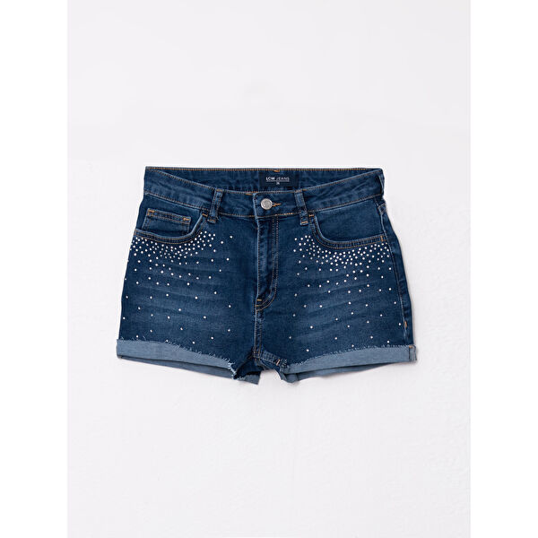 Yüksek Bel Dar Fit Taş Baskılı Kadın Rodeo Jean Şort