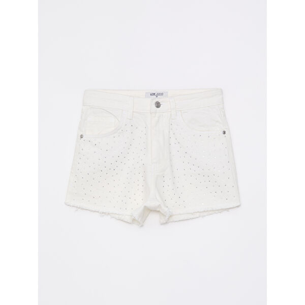 Yüksek Bel Standart Fit Taş Baskılı Kadın Rodeo Jean Şort