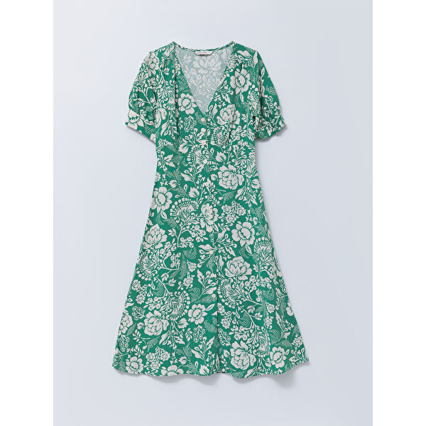 LCW CASUAL V Yaka Çiçekli Kısa Kollu Keten Kadın Elbise