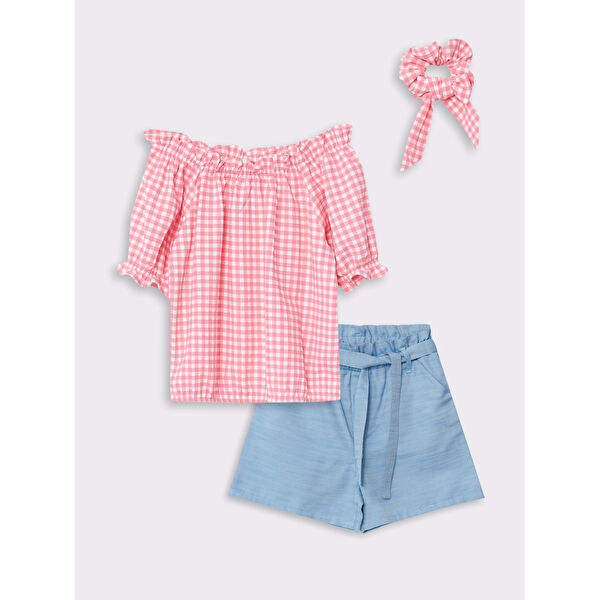 Kayık Yaka Ekose Kısa Kollu Kız Çocuk Bluz Şort ve Toka