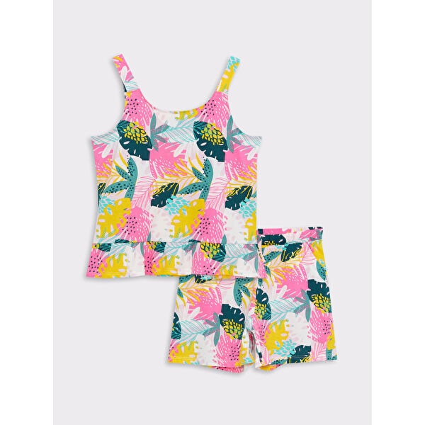 U Yaka Desenli Kız Çocuk Bluz ve Şort