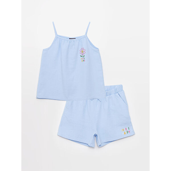 Kare Yaka Nakışlı Askılı Kız Çocuk Bluz ve Şort