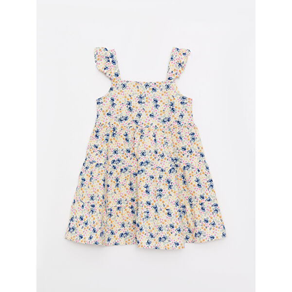 Kare Yaka Askılı Baskılı Pamuklu Kız Bebek Elbise