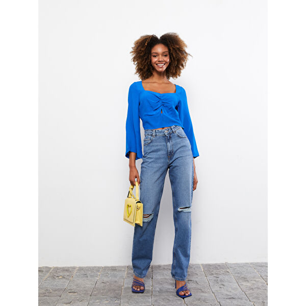 Kalp Yaka Düz Uzun Kollu Viskon Kadın Bluz