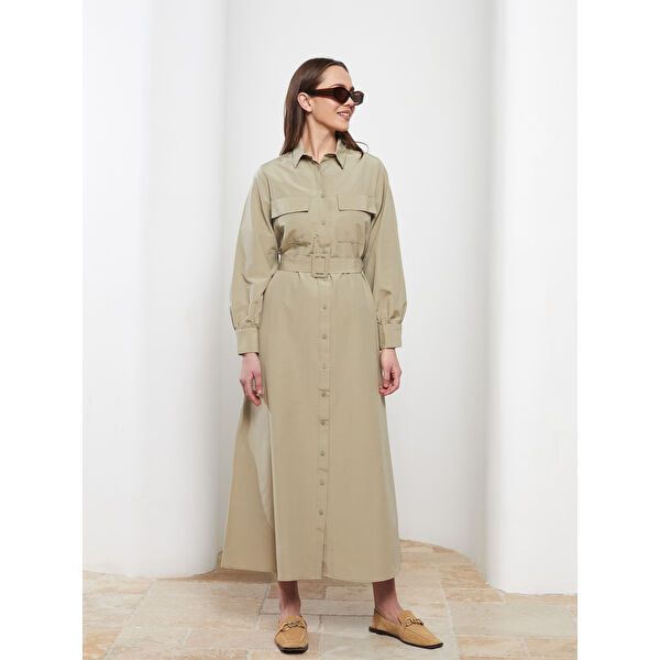 MODEST Önden Düğme Kapamalı Düz Uzun Kollu Poplin Kadın Gömlek Elbise