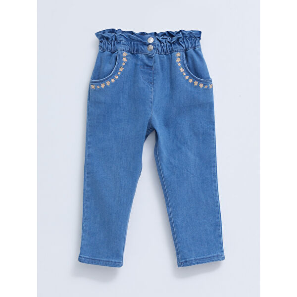 Beli Lastikli Nakış Detaylı Pamuklu Kız Bebek Jean Pantolon Beli Lastikli Nakış Detaylı Pamuklu Kız Bebek Jean Pantolon