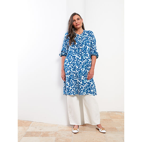 Bisiklet Yaka Desenli Uzun Kollu Viskon Kadın Tunik