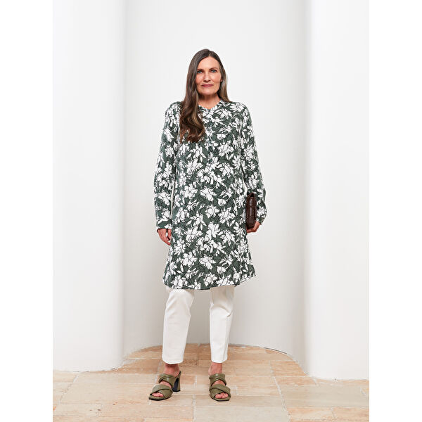 Bisiklet Yaka Çiçekli Uzun Kollu Viskon Kadın Tunik