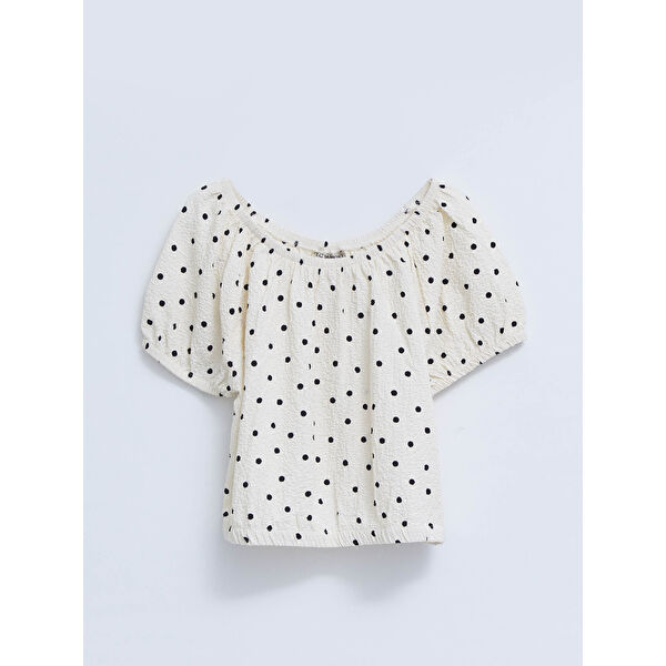 Kayık Yaka Puantiyeli Kısa Kollu Kız Çocuk Bluz