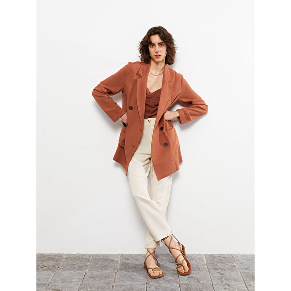 LCW CASUAL Önden Düğme Kapamalı Düz Uzun Kollu Keten Kadın Blazer Ceket